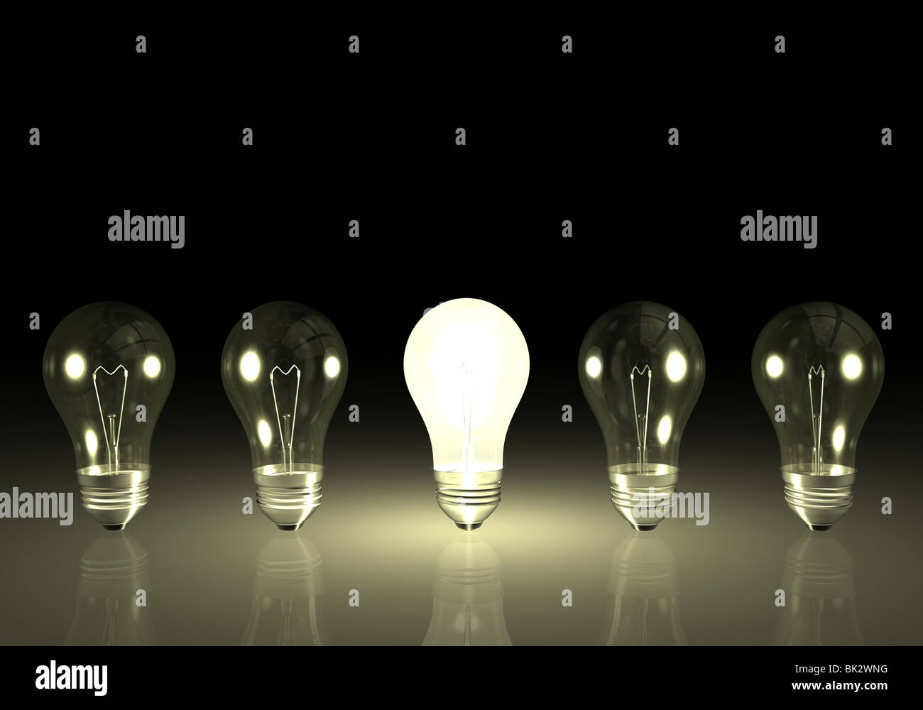 One bright light bulb next to unlit bulbs Stock Photo - Alamy