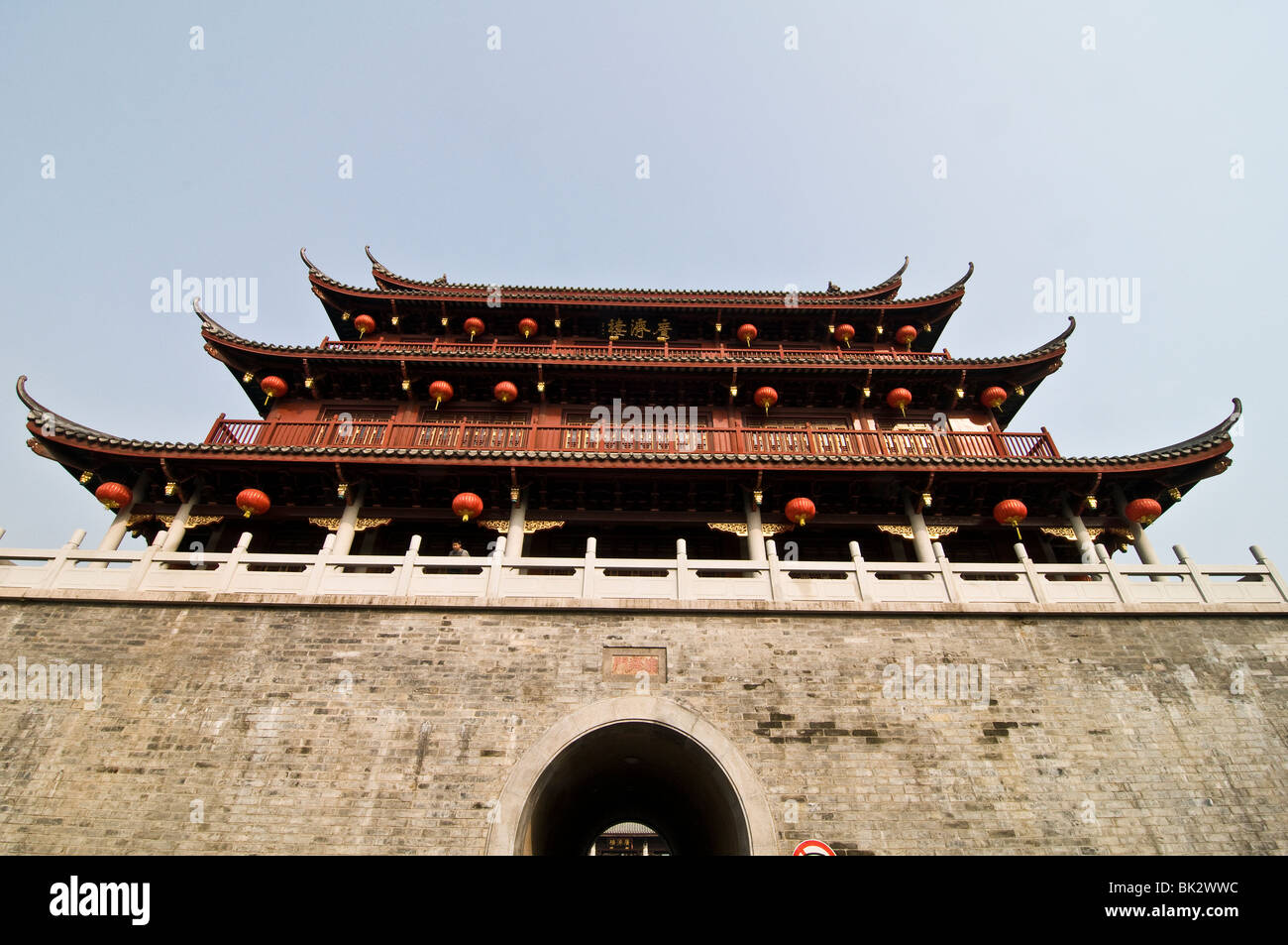 Beautiful pagoda on top of one of the gates of the old city wall of ...