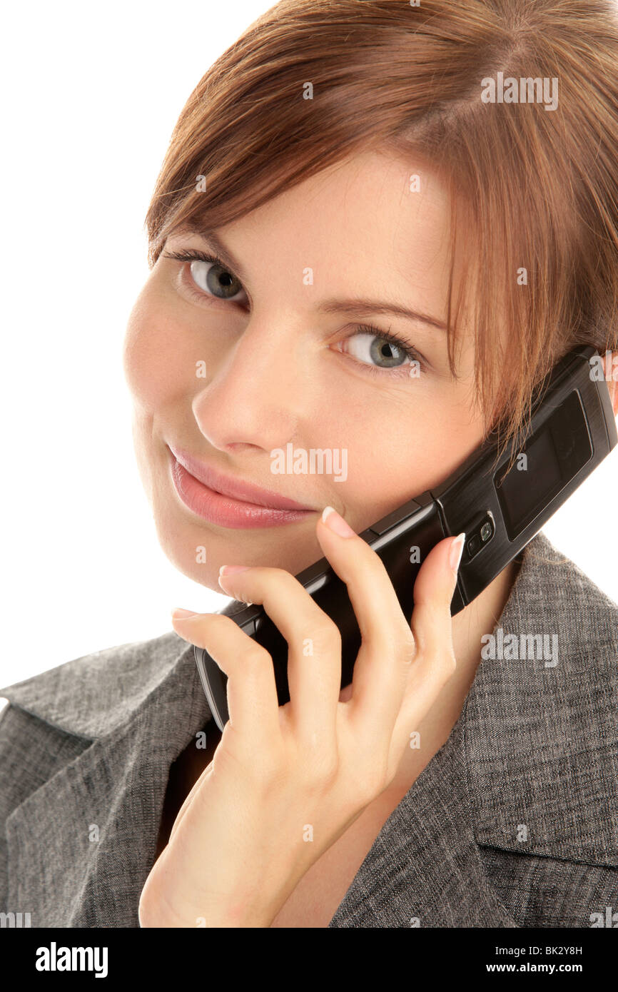 Young woman calling by mobile phone isolated on white background Stock ...