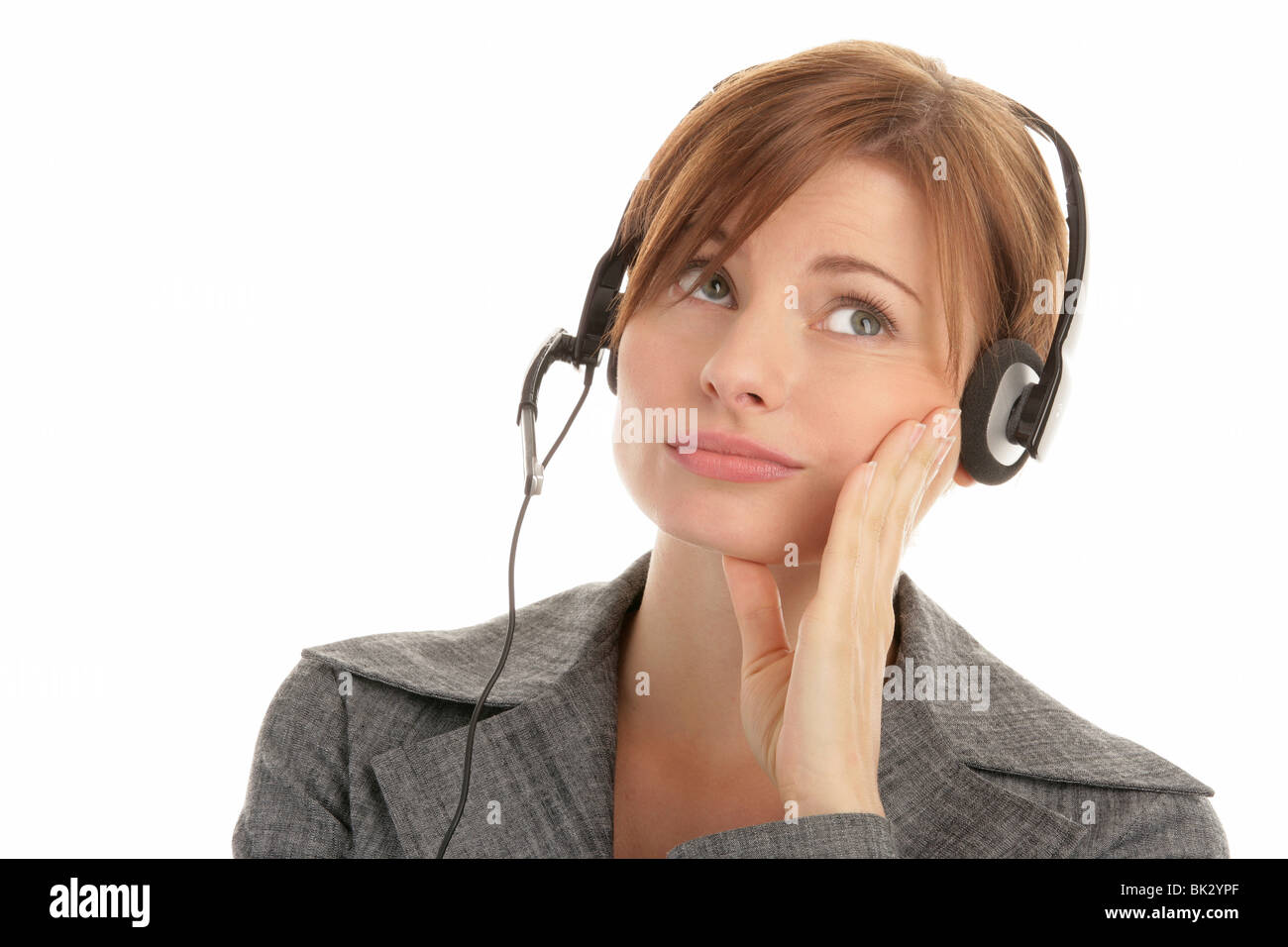 Tired telephone operator isolated on white background Stock Photo - Alamy