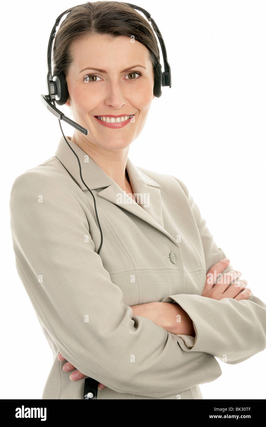 Mature phone operator wearing headset isolated on white background ...