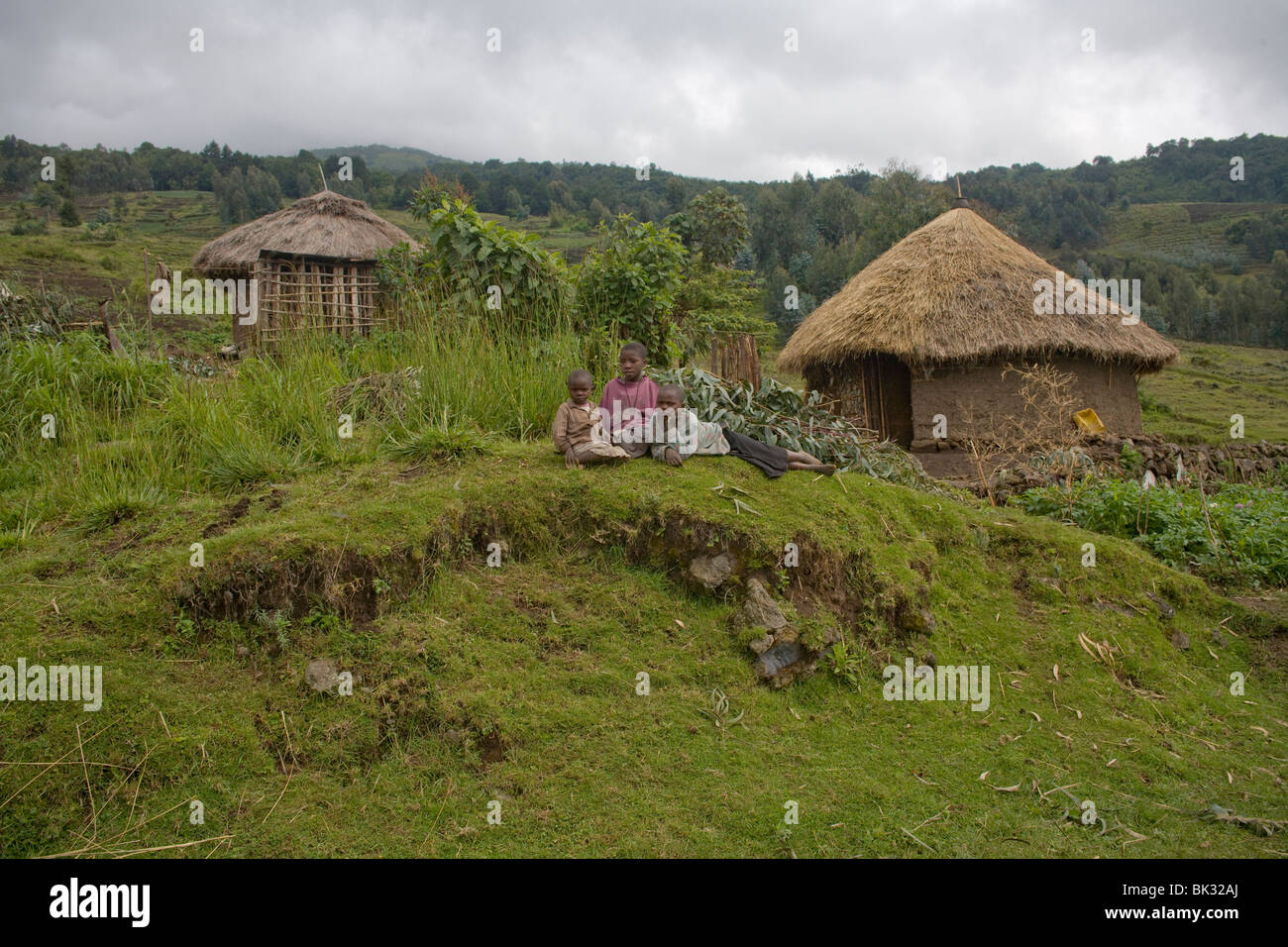 Village on trekking to see gorillas o Karisimbi volcano, Virunga ...