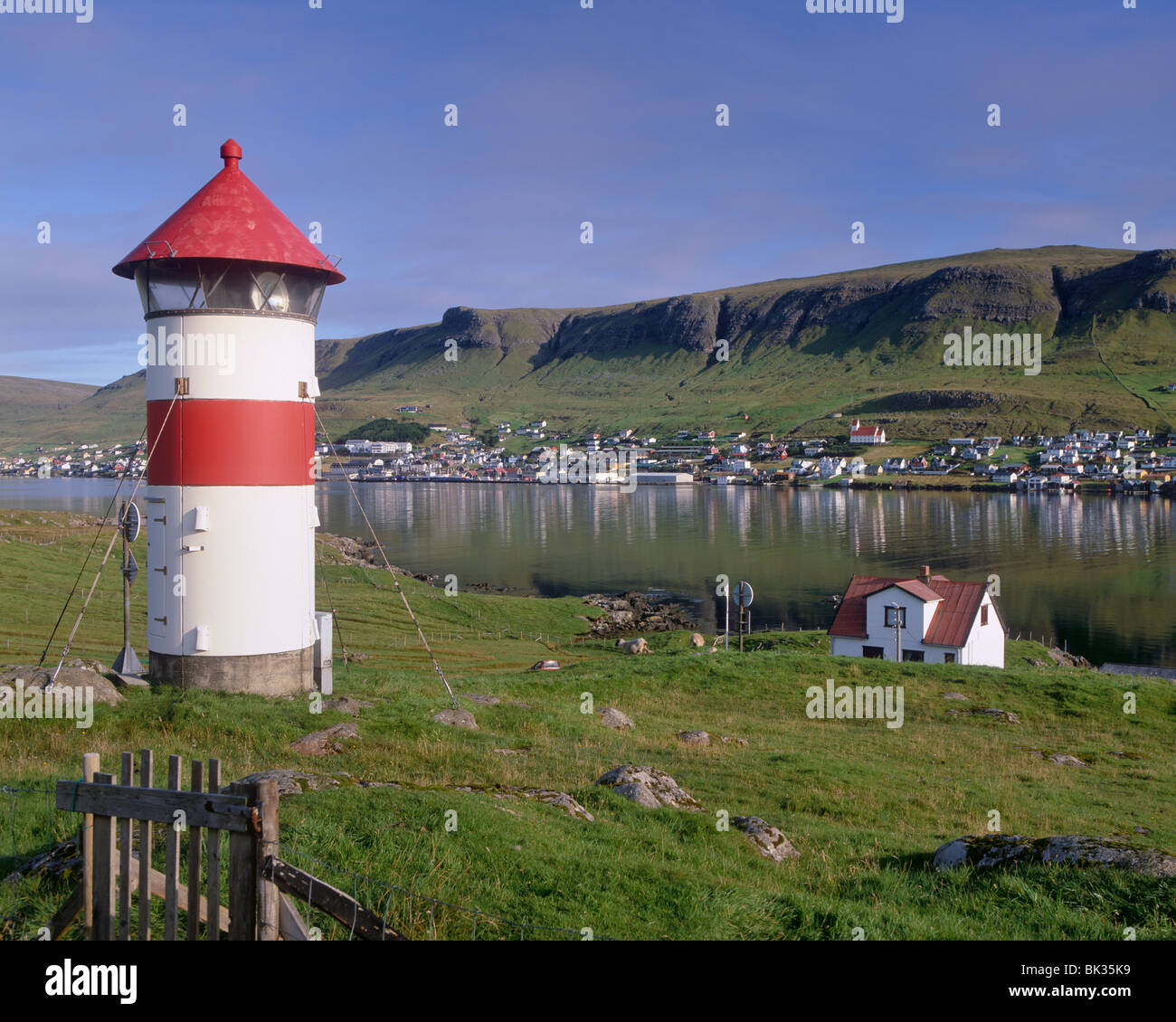 Tvoroyri village and lighthouse, Suduroy, Suduroy Island, Faroe Islands ...