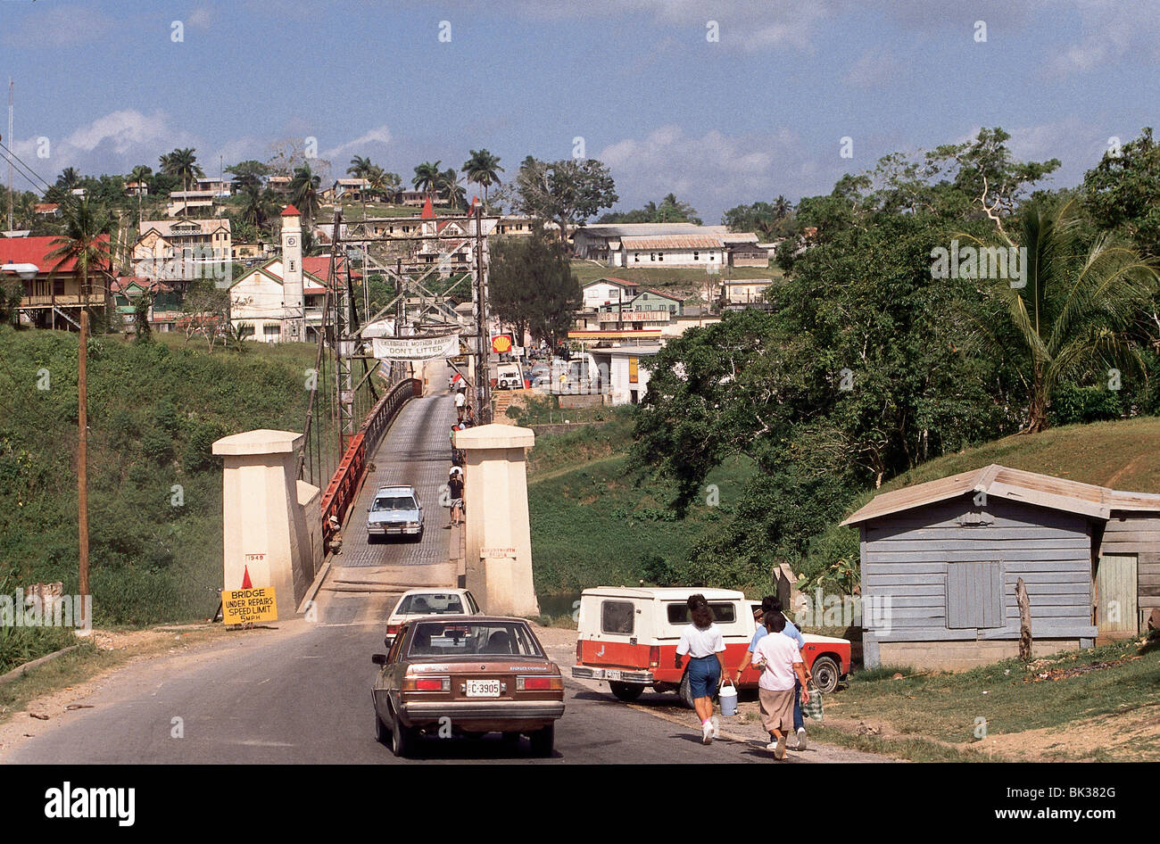 Hawksworth Bridge (with an Earth Day banner) over the Macal River, San ...