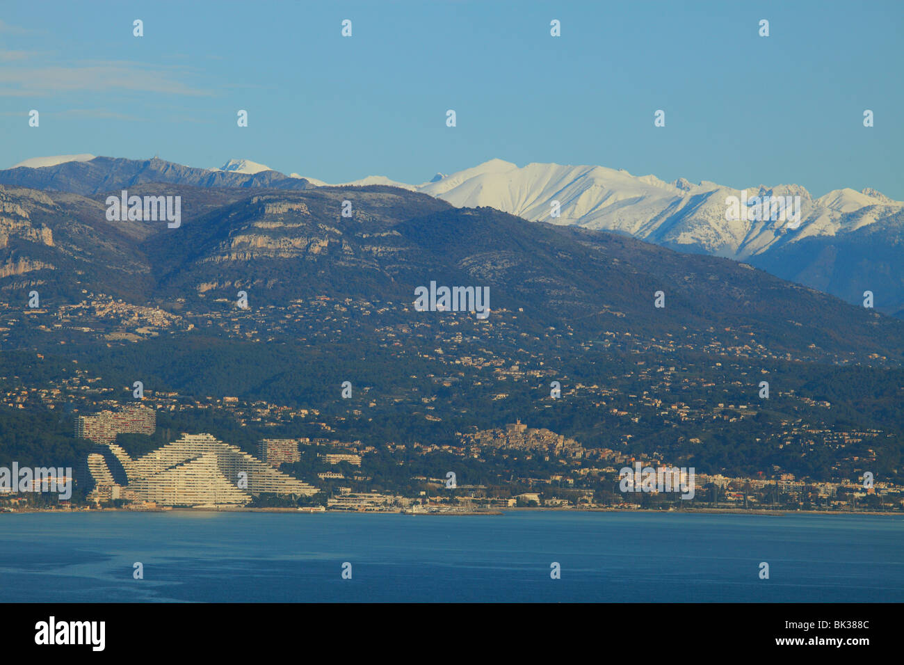 Overview of the French Riviera coast in winter time with the Mercantour ...