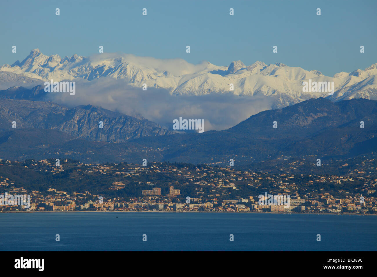Overview of the French Riviera coast in winter time with the Mercantour ...