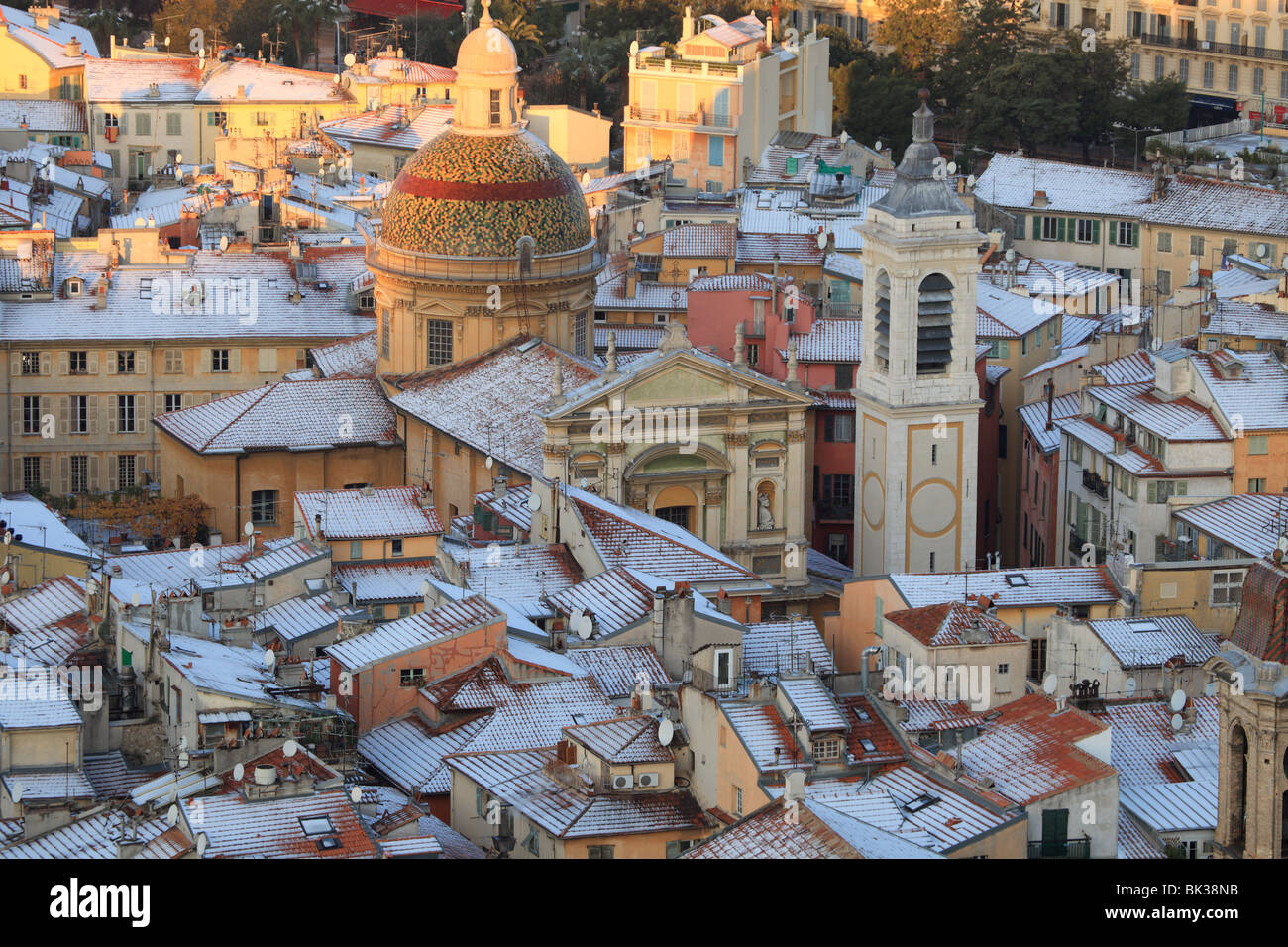 Snowed roof top in winter time in Nice city. Snow in French Riviera is ...