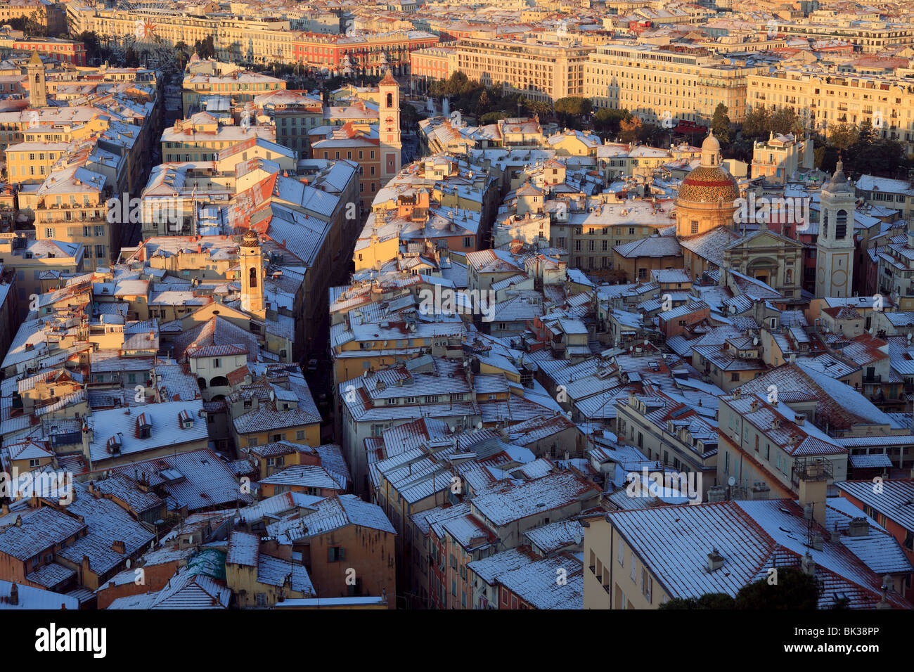 Snowed roof top in winter time in Nice city. Snow in French Riviera is ...