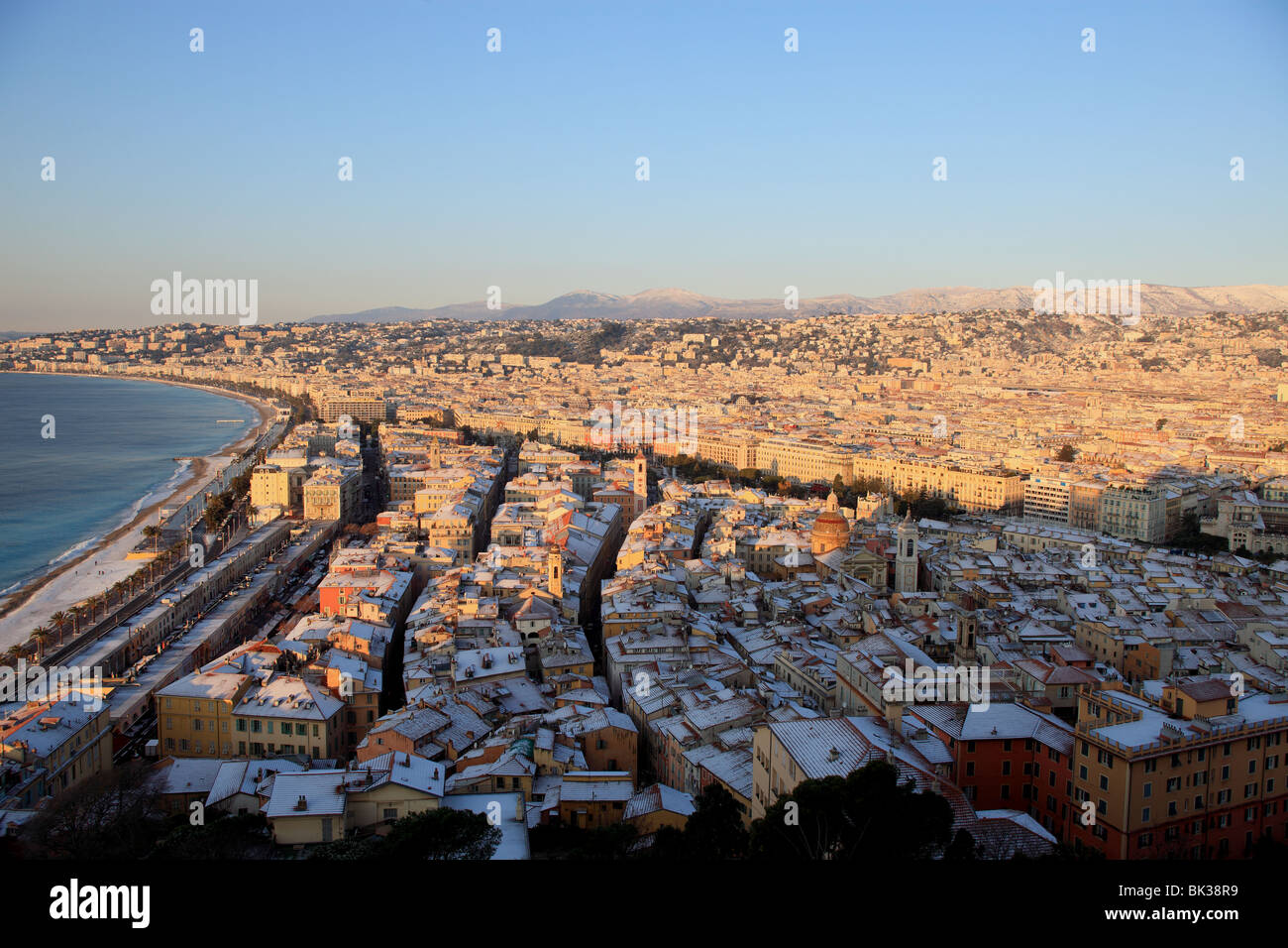 Snowed roof top in winter time in Nice city. Snow in French Riviera is ...