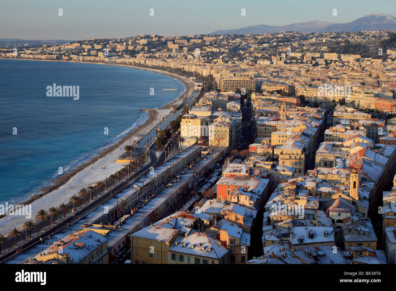 Snowed roof top in winter time in Nice city. Snow in French Riviera is ...