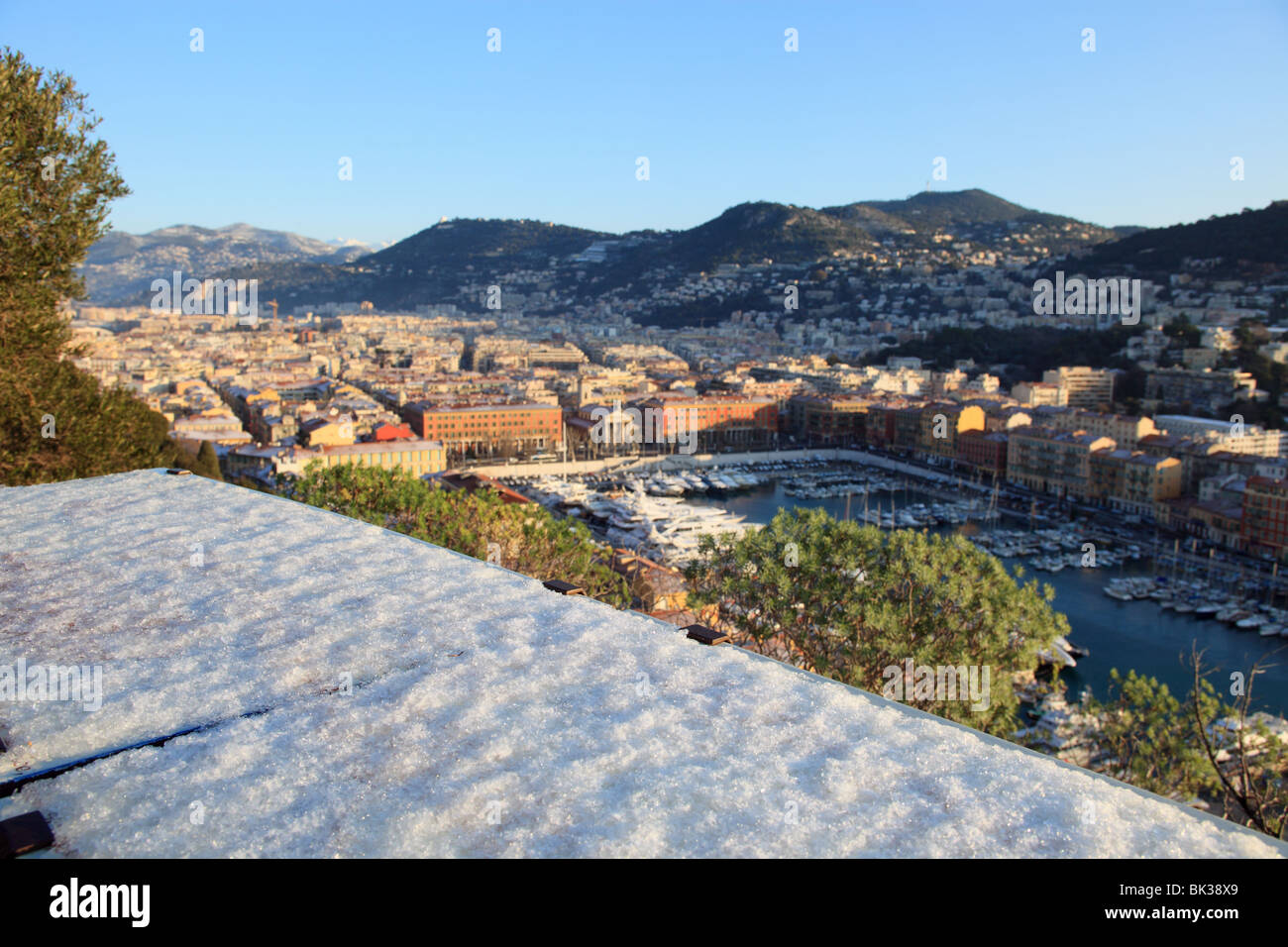 Snowed roof top in winter time in Nice city. Snow in French Riviera is ...