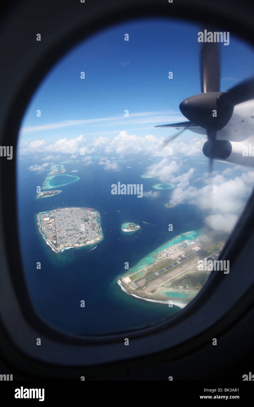 MALDIVES, Male: Aerial view from an airplane at Male International ...