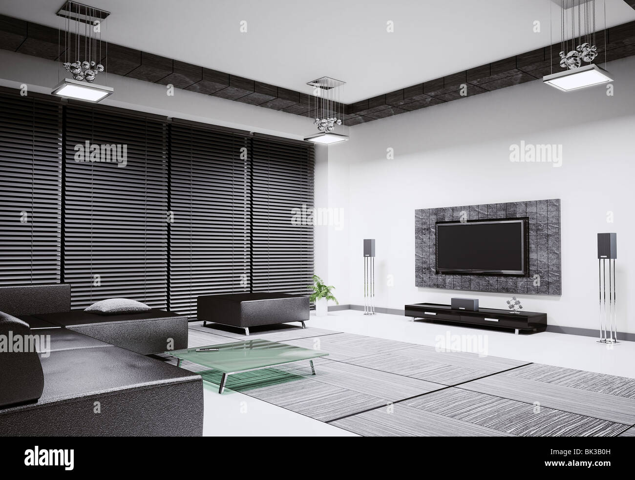 Living room with sofa and lcd interior 3d render Stock Photo - Alamy