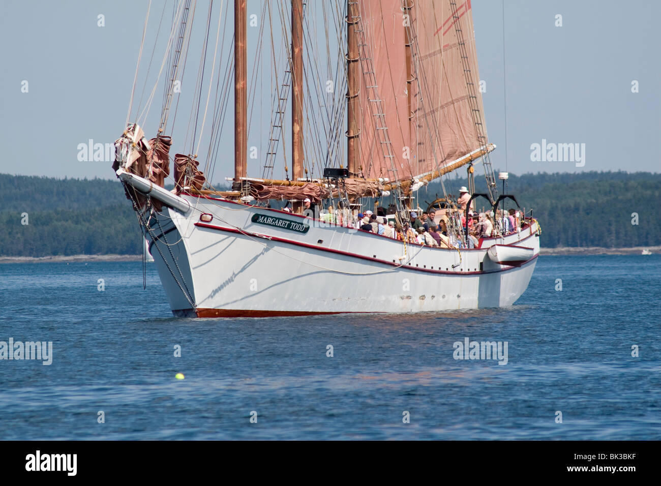 The four-masted schooner MARGARET TODD hoisting sails in Bar Harbor ...