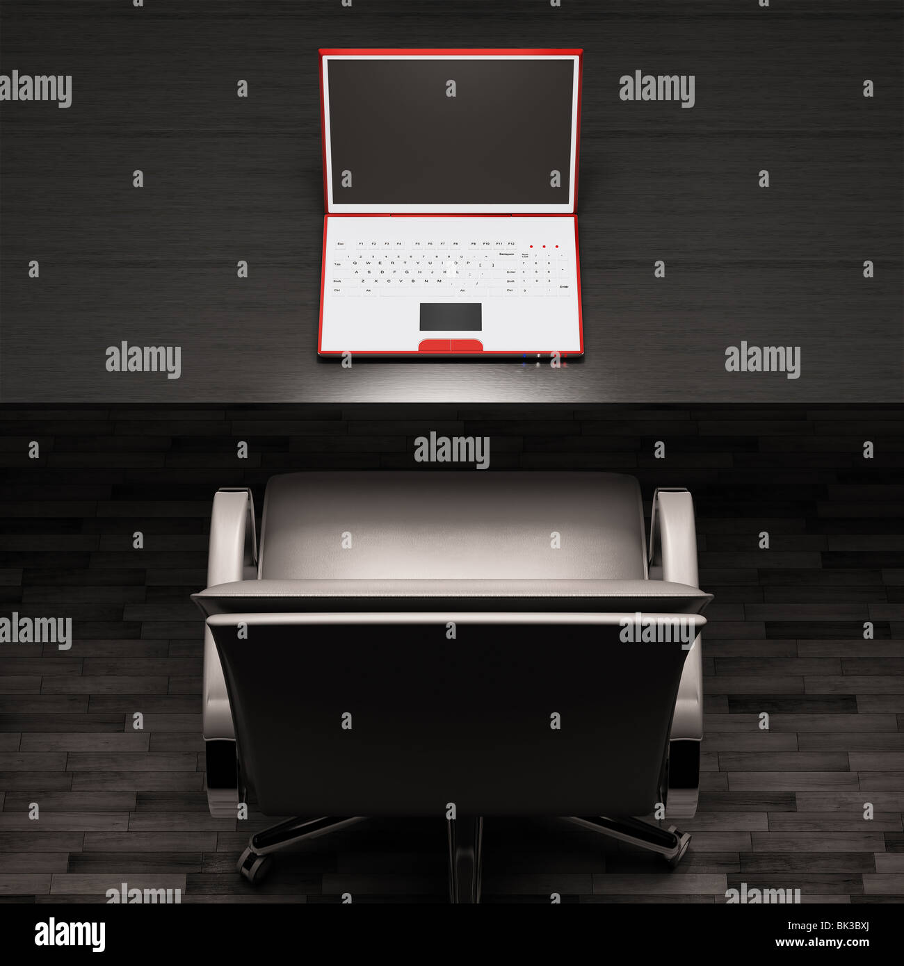 Computer workplace. White Laptop, table,chair 3d Stock Photo - Alamy