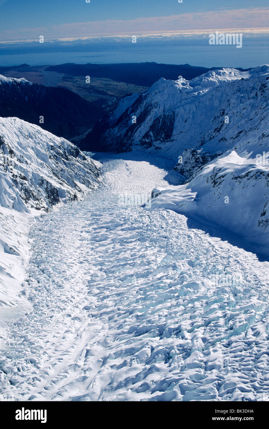 Aerial view of the Fox Glacier in Westland National Park, South Island ...