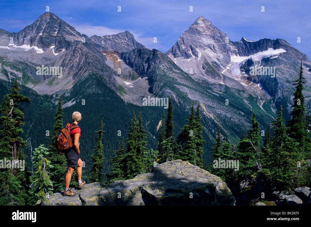 Woman hiking along the Abbott Ridge Trail looking at Mount Sir Donald ...