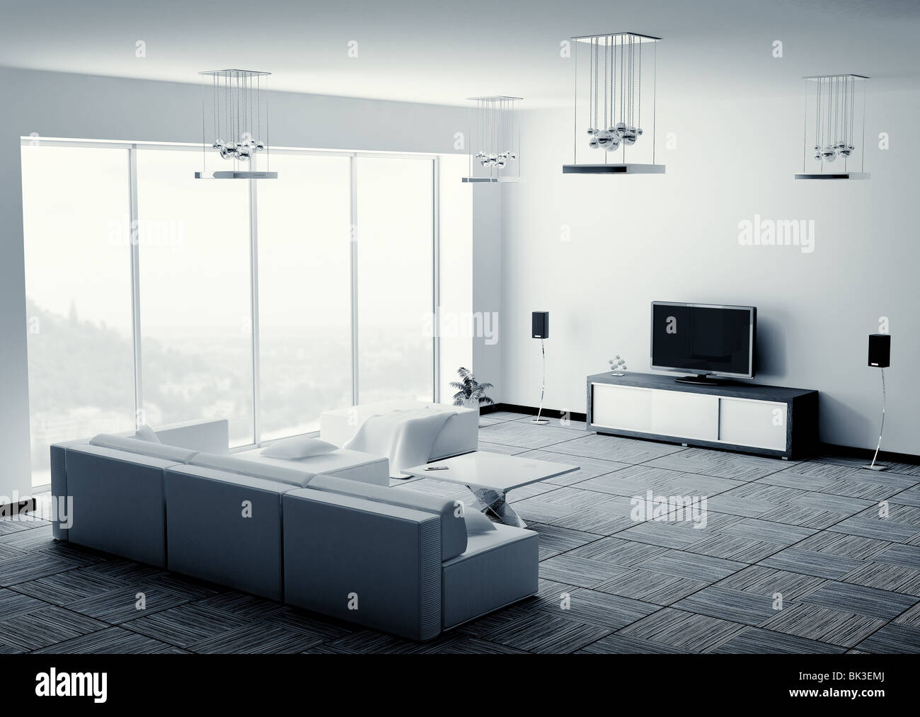 Living room with sofa and lcd interior 3d render Stock Photo - Alamy