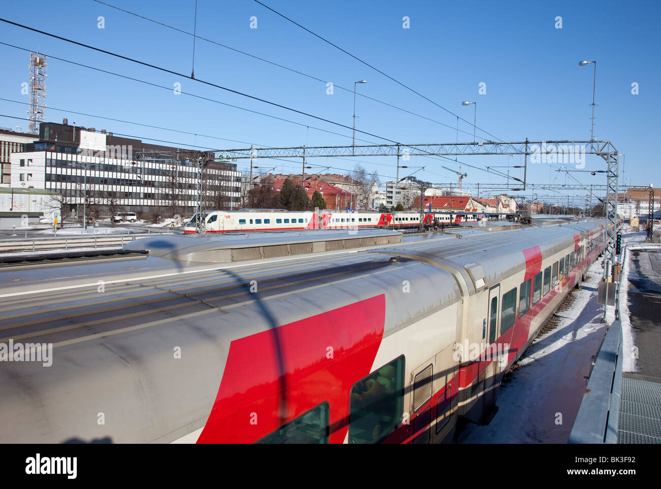 View of Pendolino long distance passenger trains on Oulu railroad ...