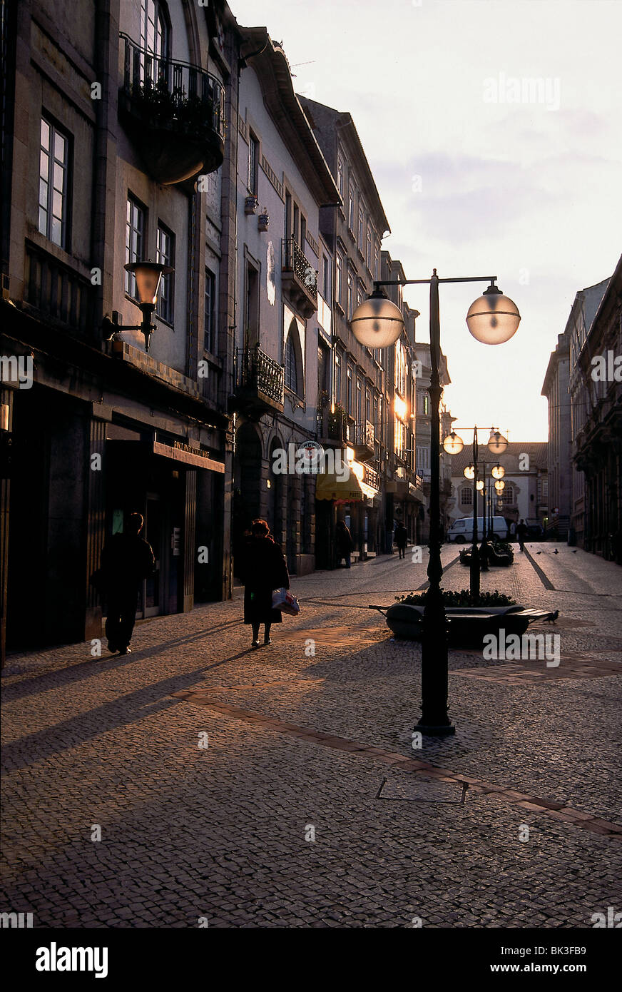 Street scene with streetlights and balconies in Portugal, Europe Stock ...