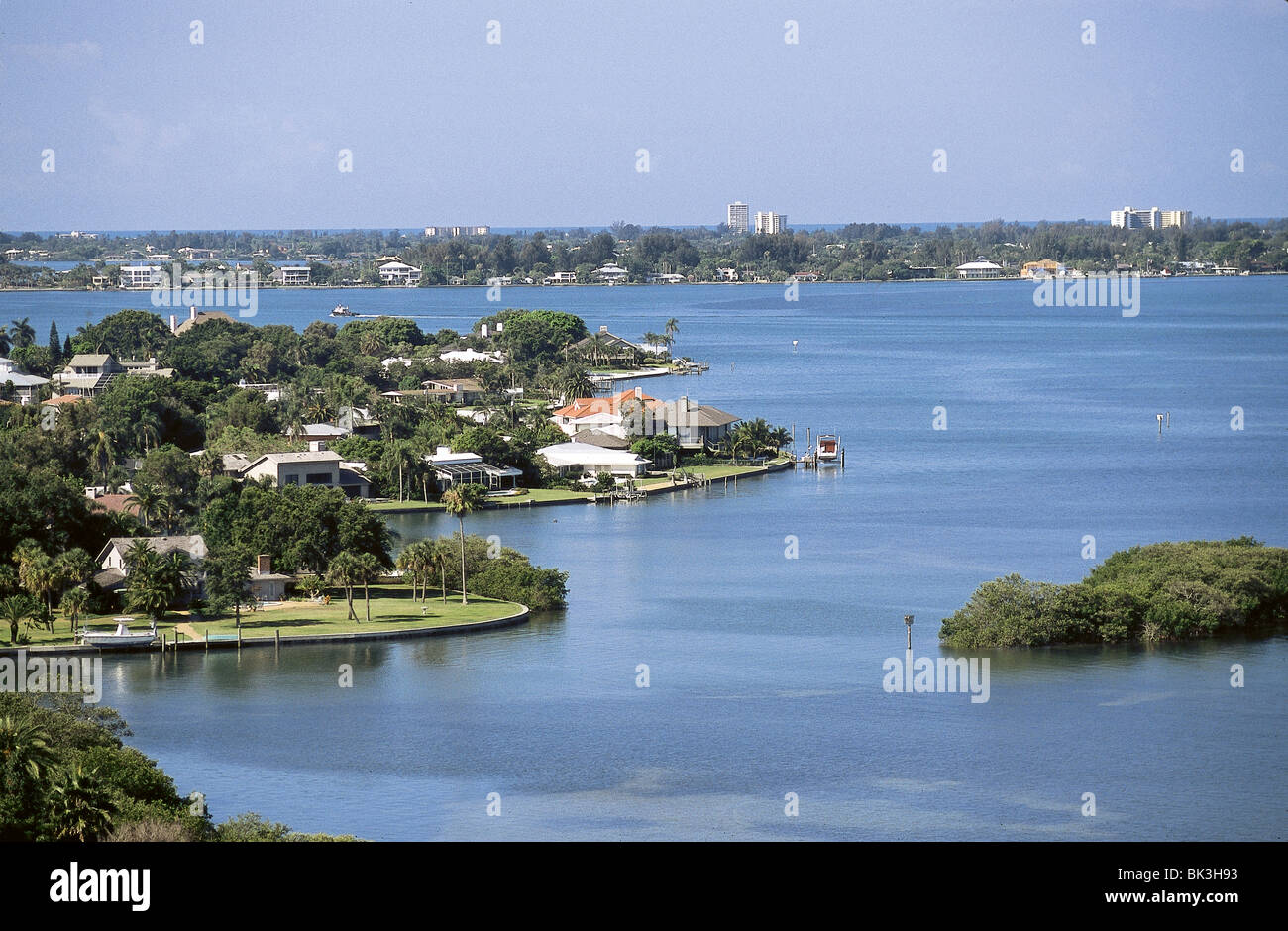 Aerial view and landscape around Sarasota Bay, Florida, United States ...