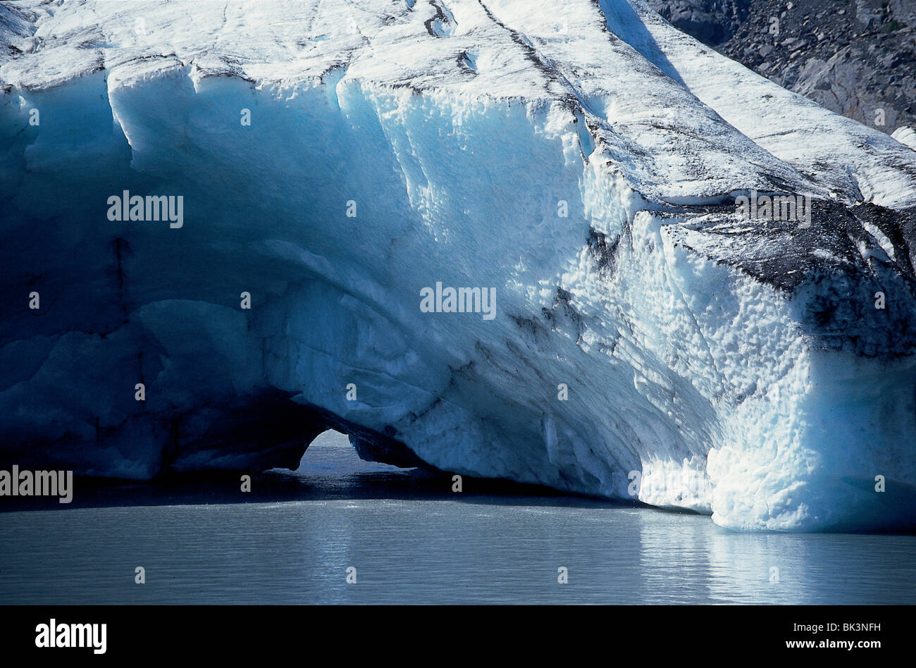North American glacial ice bridge of Portage Glacier on the water on ...