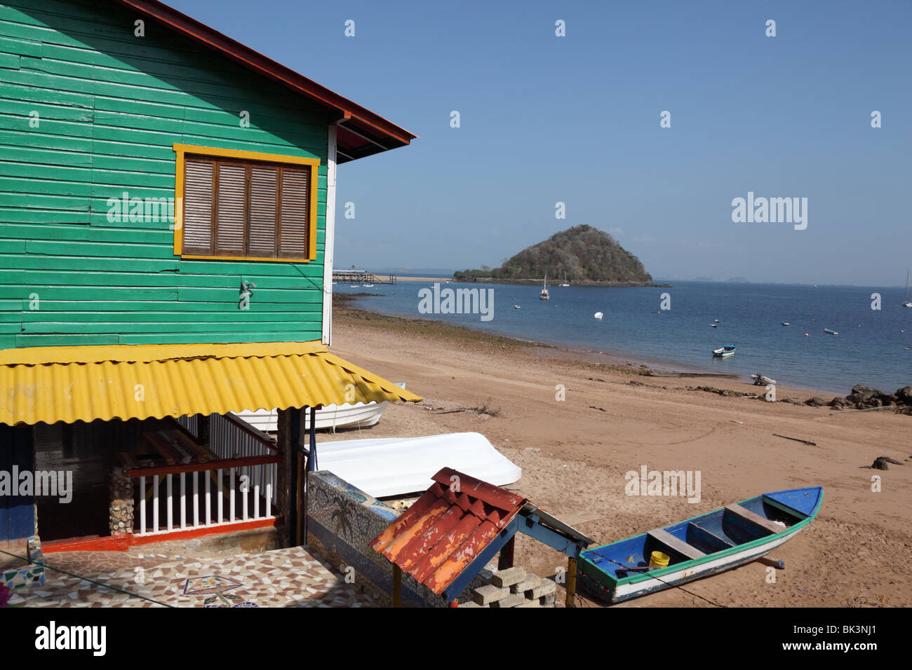 Wooden house , fishing boat and Playa Honda beach, Isla El Morro in ...