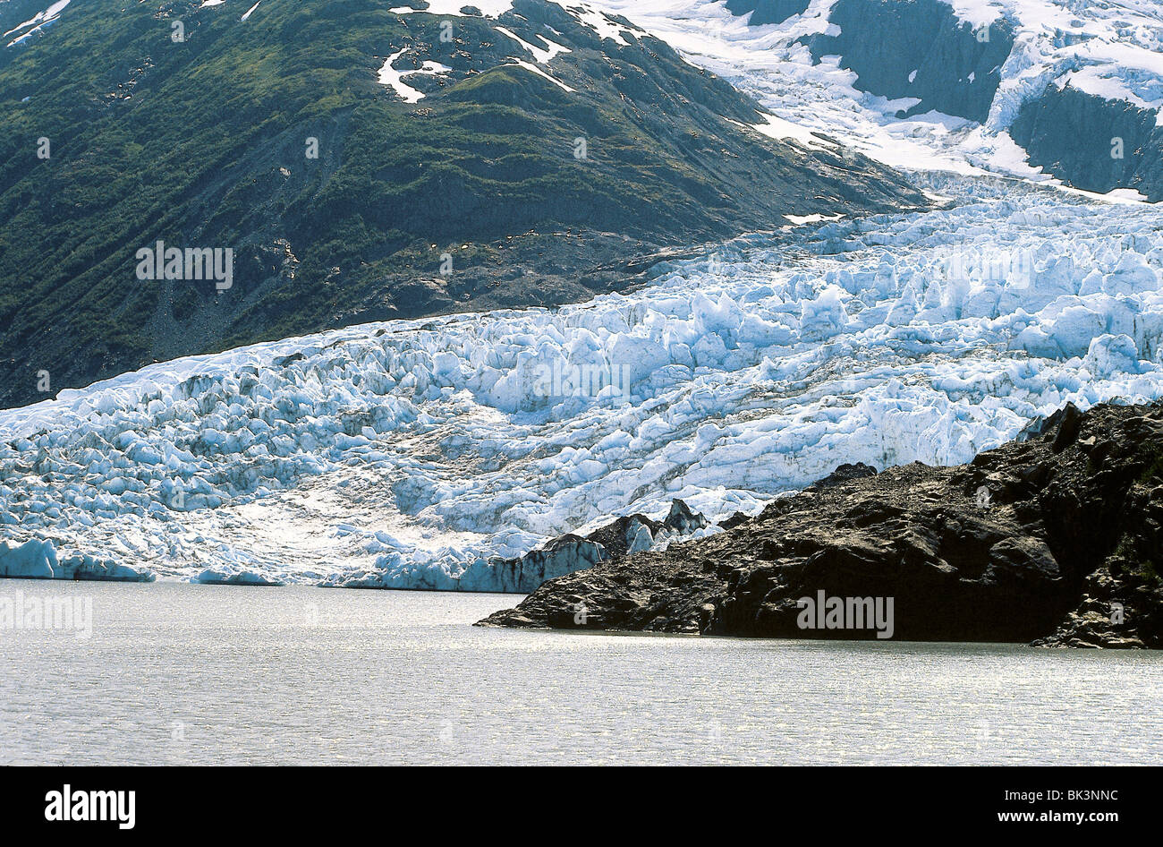 North American glacial landscape of Portage Glacier near the water's ...
