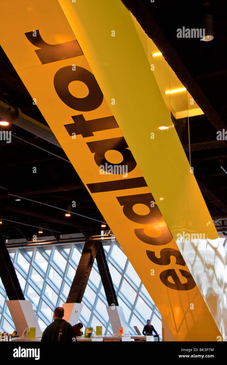 Bright yellow escalator inside the downtown branch of Seattle Public ...