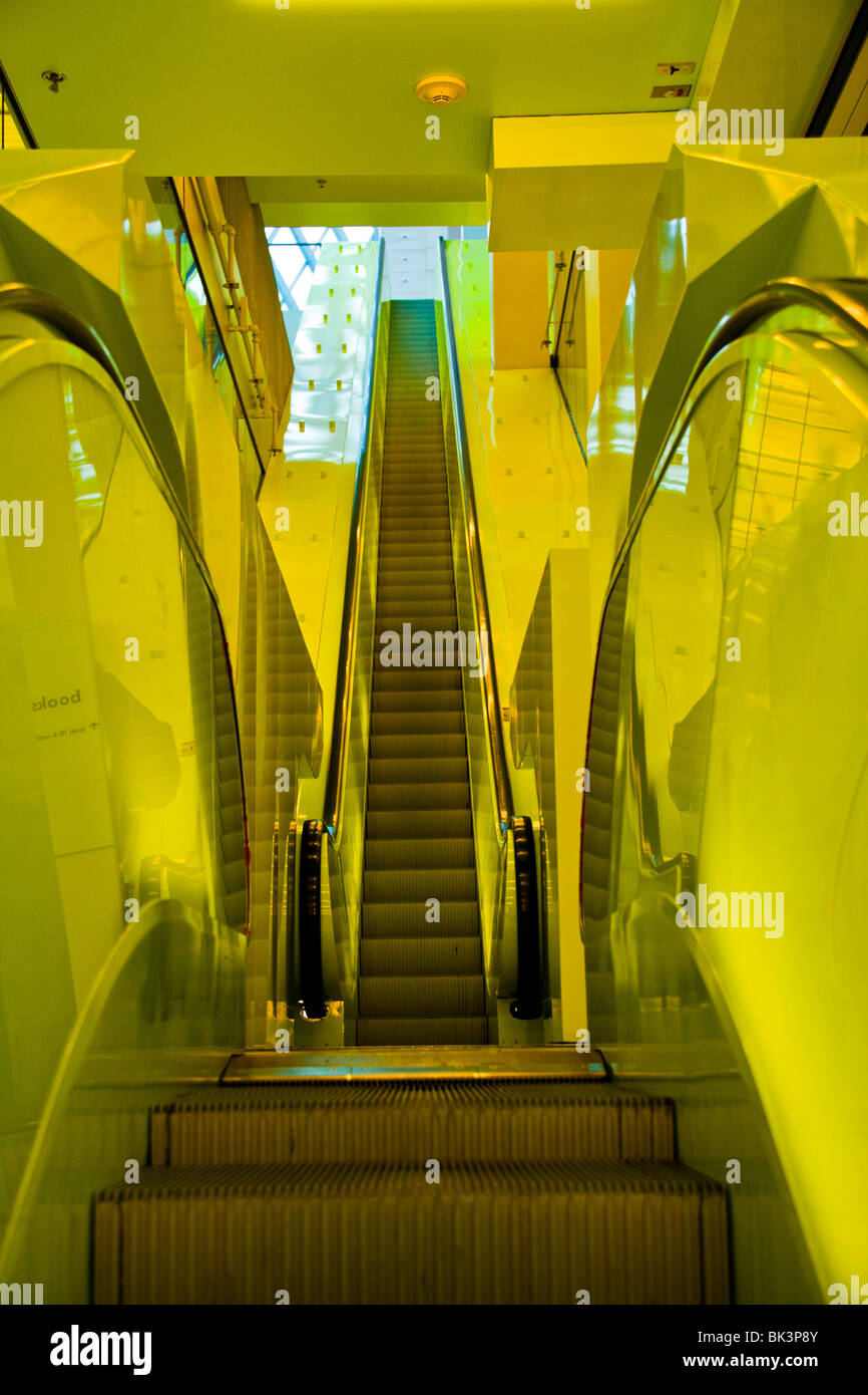 Bright yellow escalator inside the downtown branch of Seattle Public ...