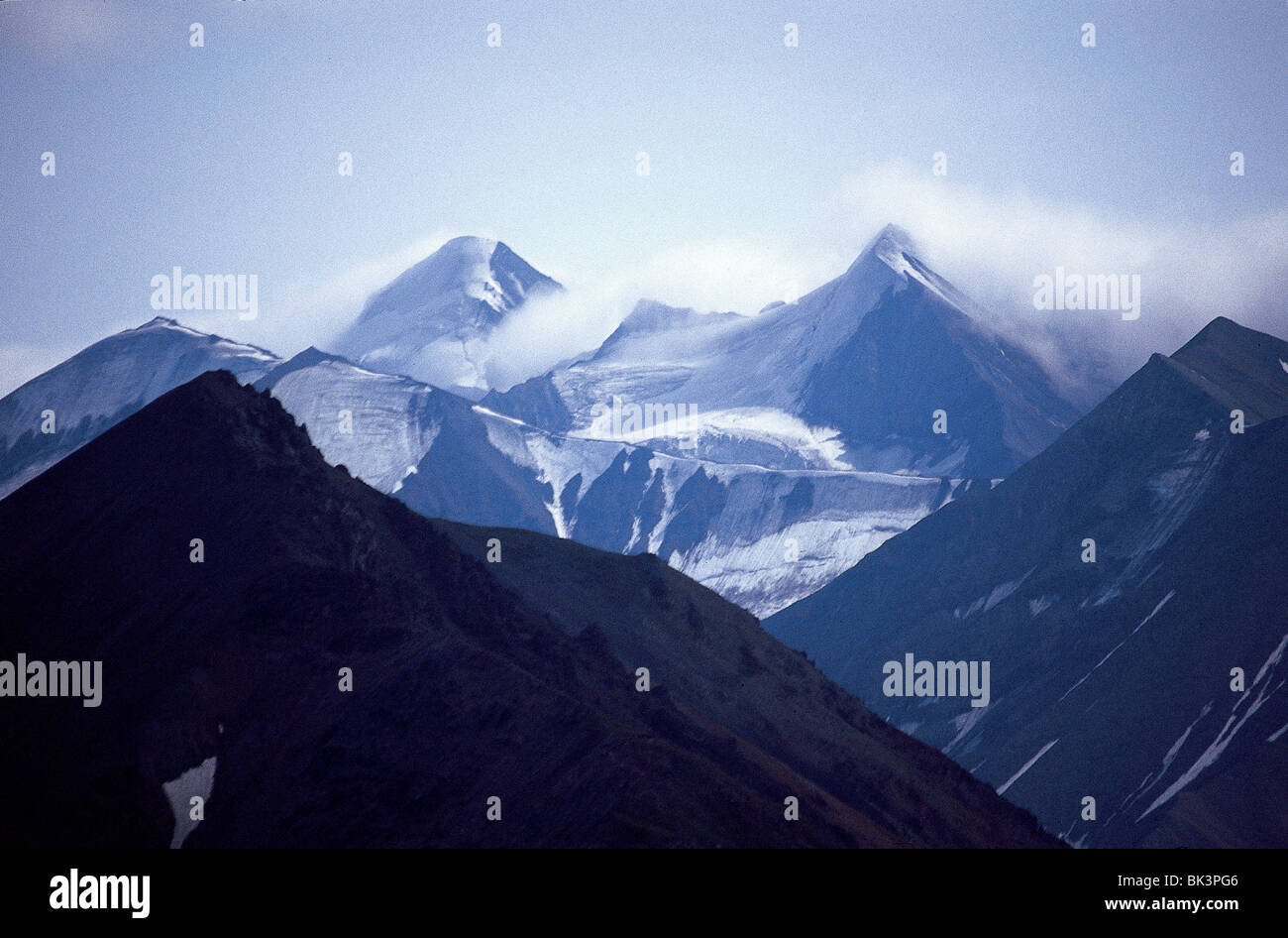 Aerial view of snow covered mountain peaks in Denali National Park and ...