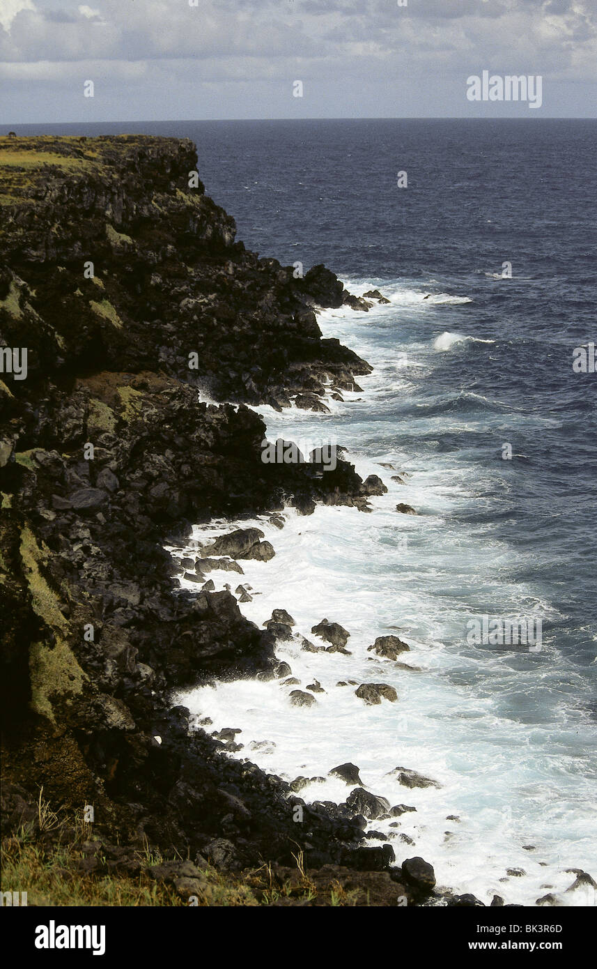 Landscape of rocky cliffs along with waves and breakers of the Pacific ...