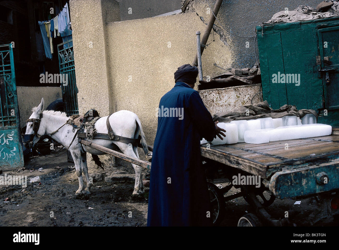 Ice being delivered on a cart being pulled by a donkey in Egypt Stock ...
