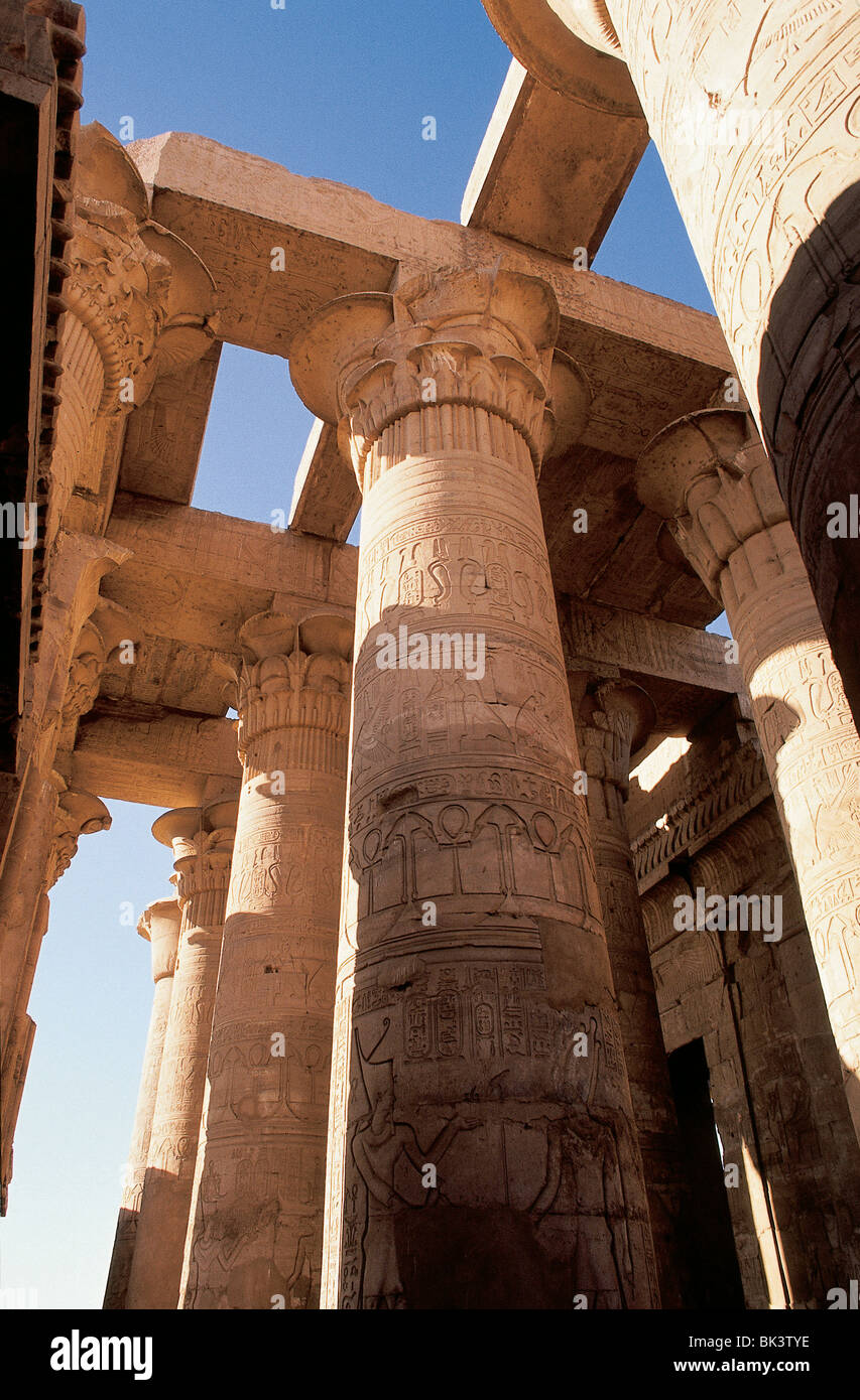 Looking up at the architectural details of the temple columns and ...