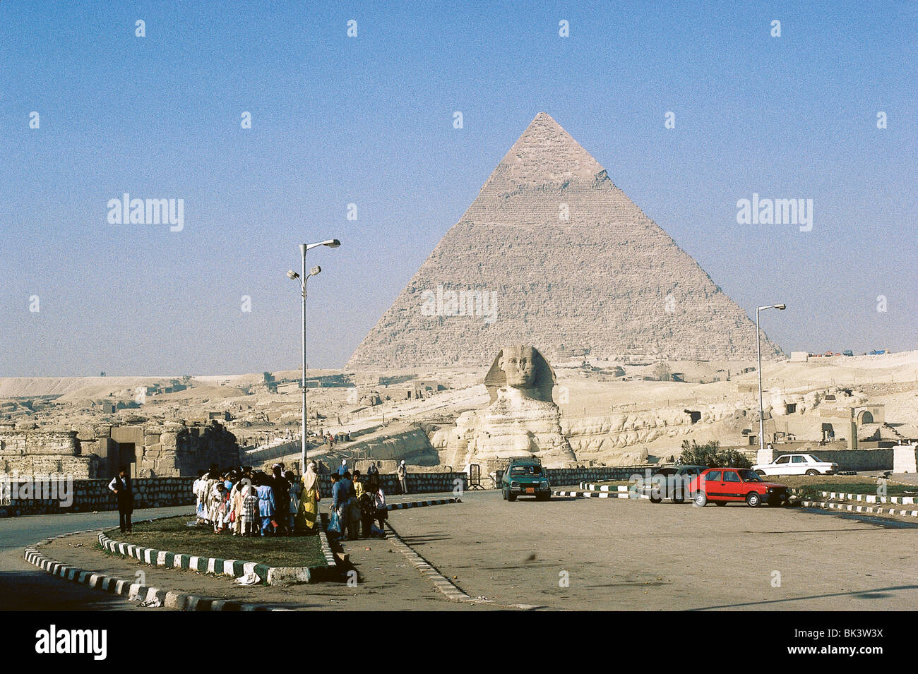 Parking Lot with Sphinx and Chefren Pyramid in Giza, Egypt Stock Photo ...