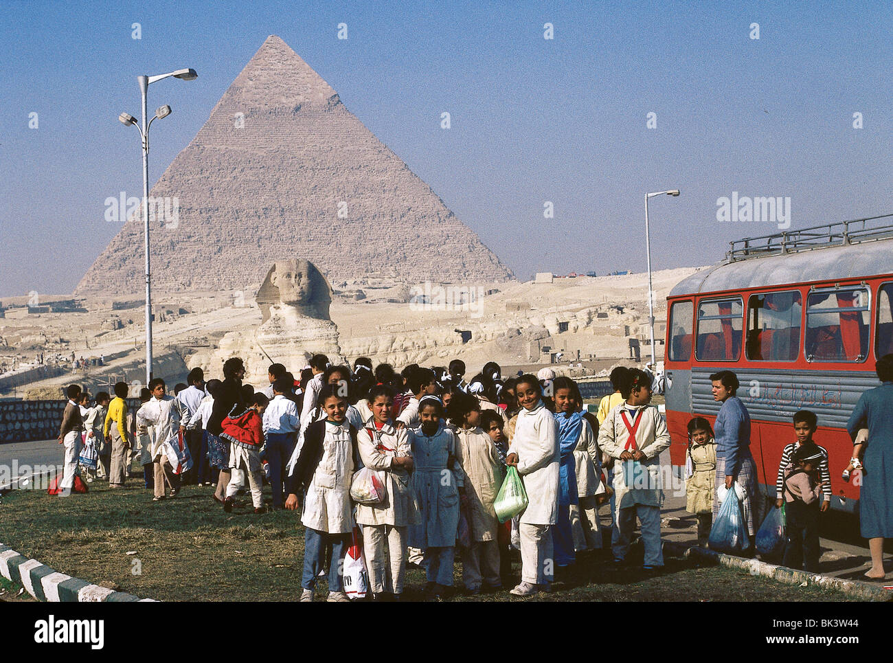 School Children in front of the Sphinx and Chefron Pyramid, Giza, Egypt ...