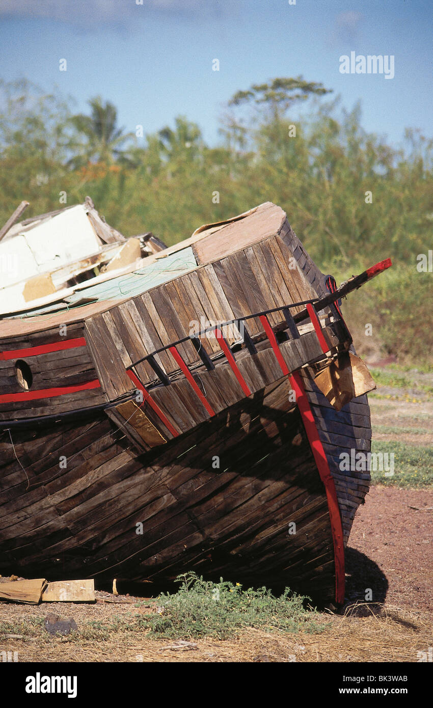 Dry docked or shipwrecked boat in the Galapagos Islands, Ecuador, South ...