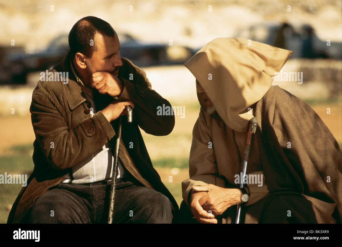 Two seniors, men with canes sitting and having a conversation in ...