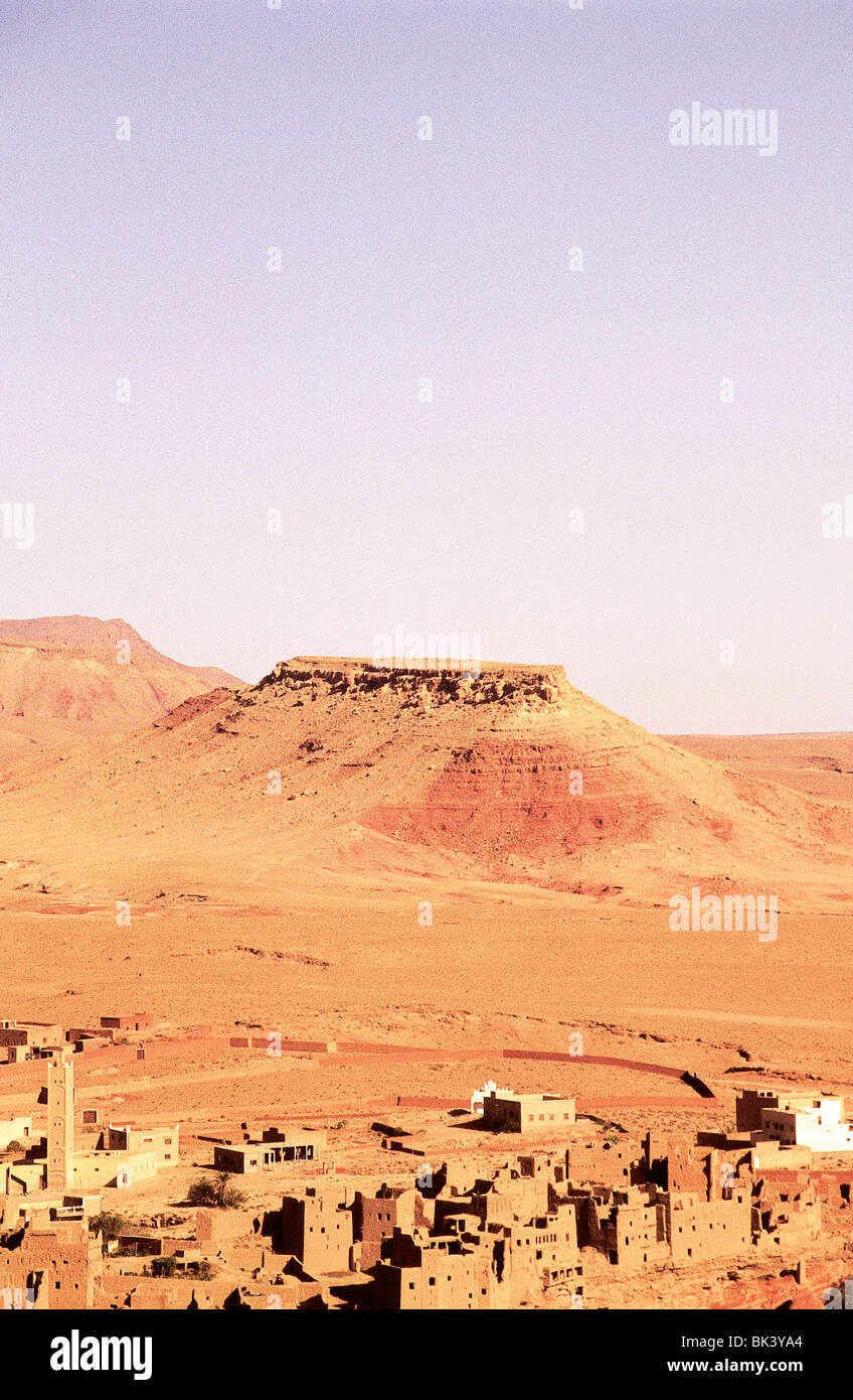 Rural Moroccan landscape with a village of traditional adobe buildings ...