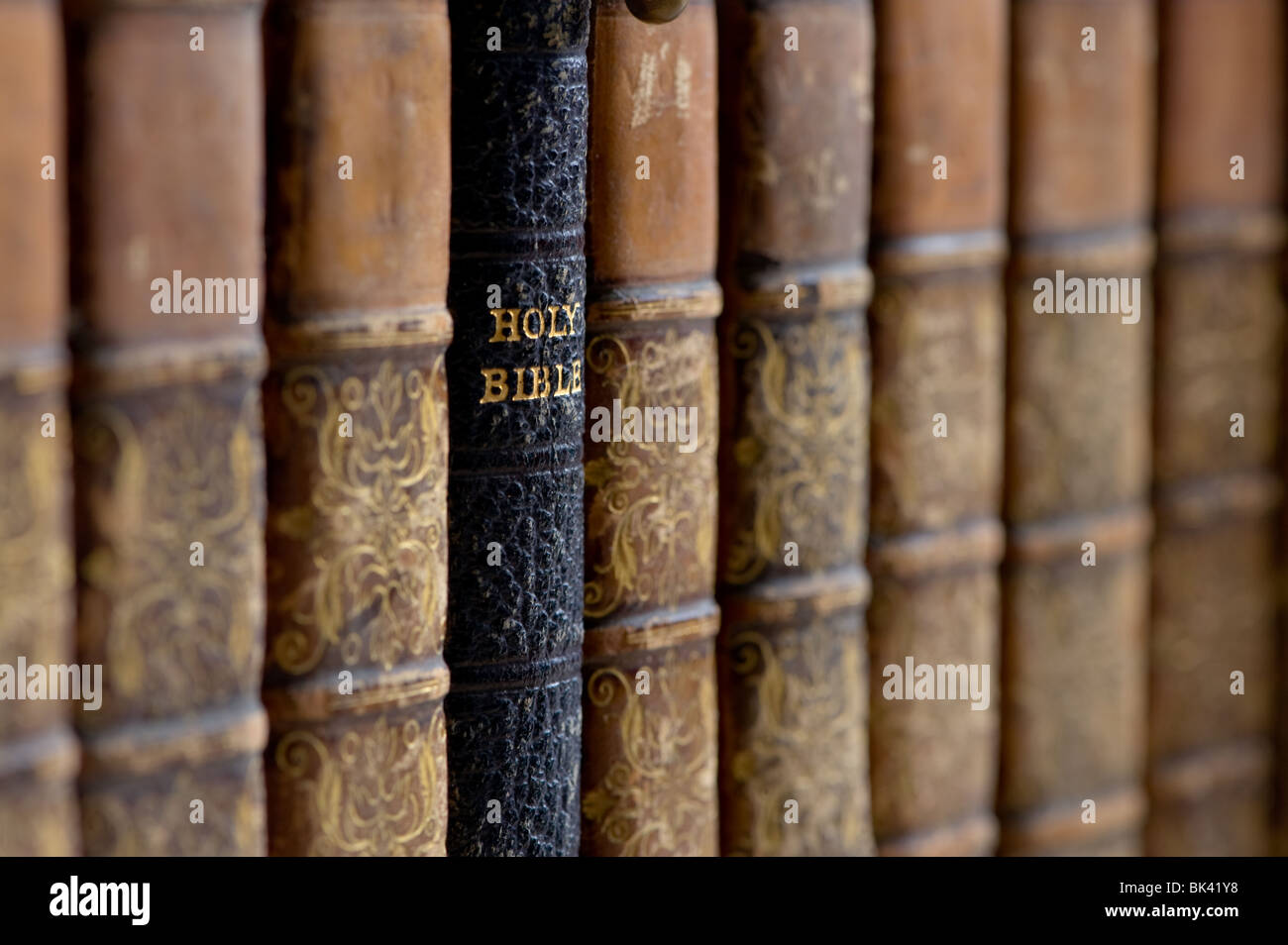 Antique, open, book, ready to read in dark wood environment Stock Photo ...