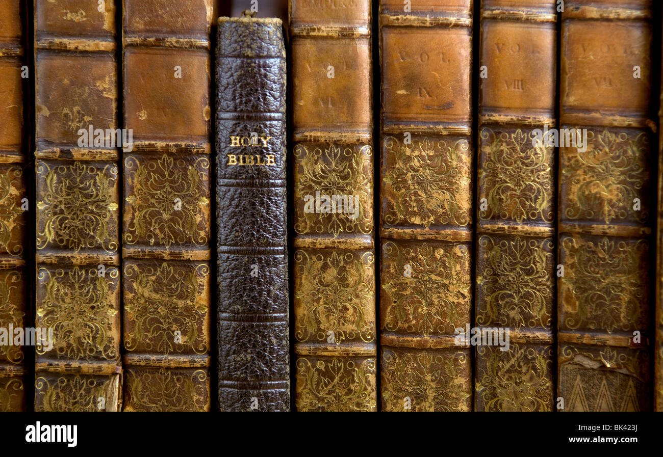 Antique, open, book, ready to read in dark wood environment Stock Photo ...