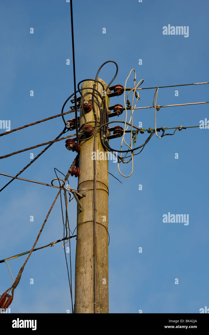Old fashioned electric pylon against blue sky Stock Photo - Alamy