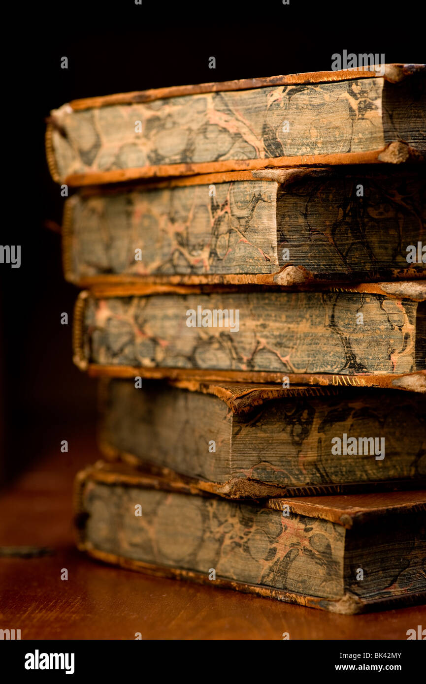 Antique, open, book, ready to read in dark wood environment Stock Photo ...