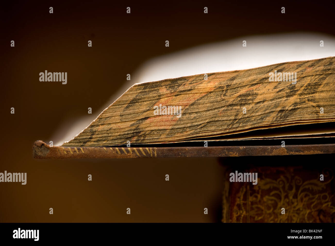 Antique, open, book, ready to read in dark wood environment Stock Photo ...