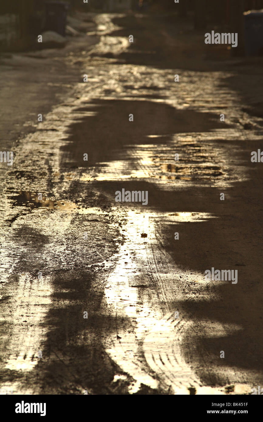 Tire tracks in a muddy city alley Stock Photo - Alamy