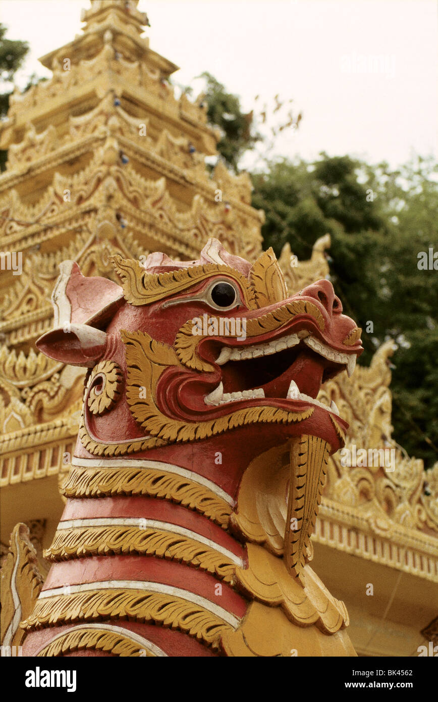 Detail of a Chinthe (mythical lion-dragon) guarding a Buddhist Stock ...