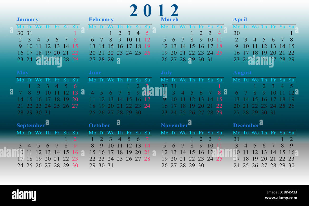 horizontally oriented illustration of calendar year 2012 Stock Photo ...