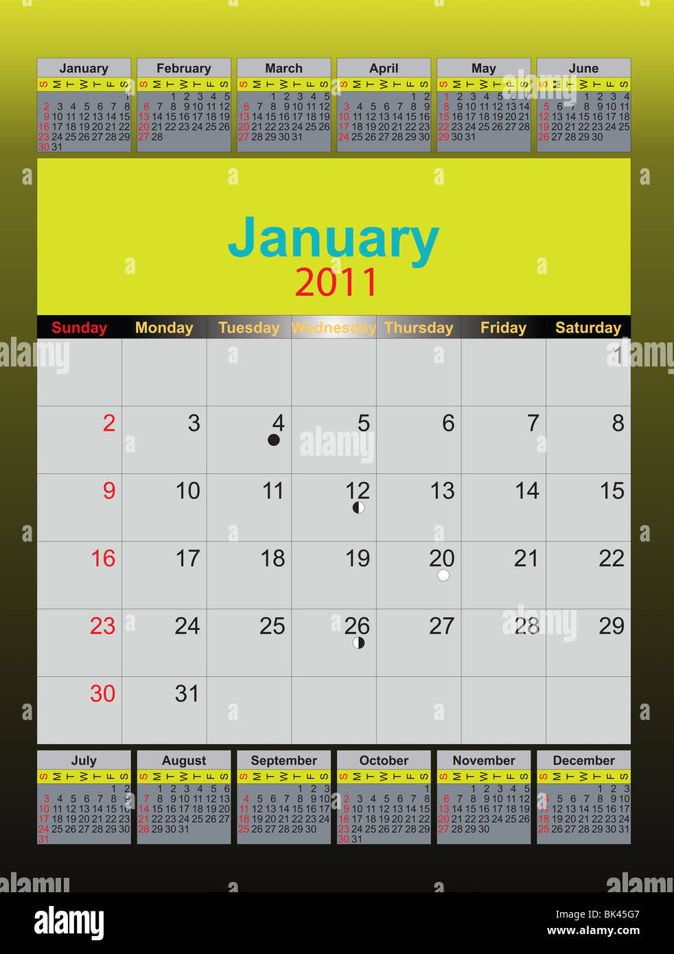 illustration of calendar year 2011 showing the month of January created ...