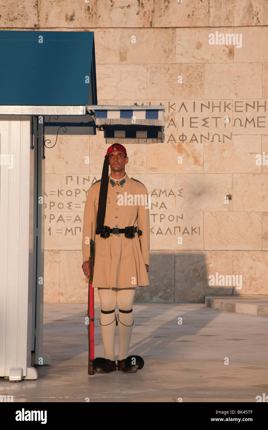 Evzone presidential guard in summer service uniform at Greek Parliament ...