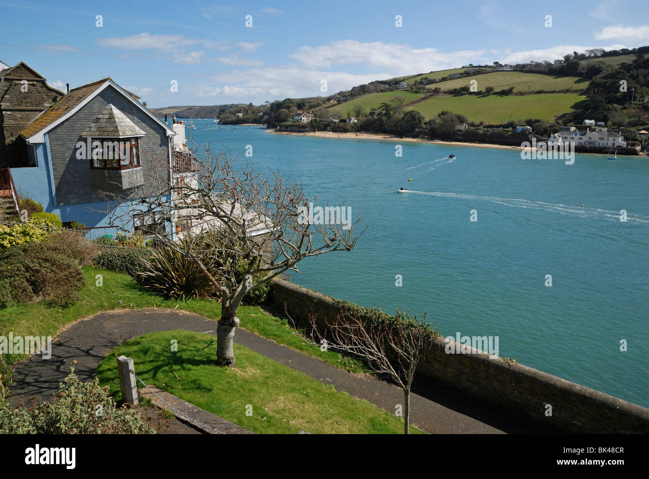 A terrace overlooking the estuary at Salcombe, South Devon, England ...